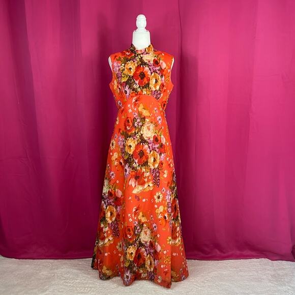 Vintage | Dresses | Vintage 7s Organdy And Taffeta Orange Floral Print ...